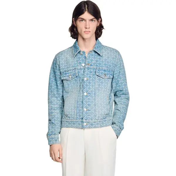 Sandro Square Cross Jacquard Denim Jacket - Sky Blue