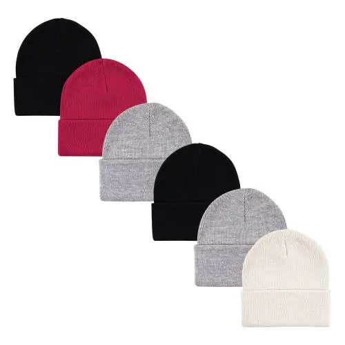 HUDSON BABY 6-piece Knit Cuffed Beanies - Dark Pink Cream Black