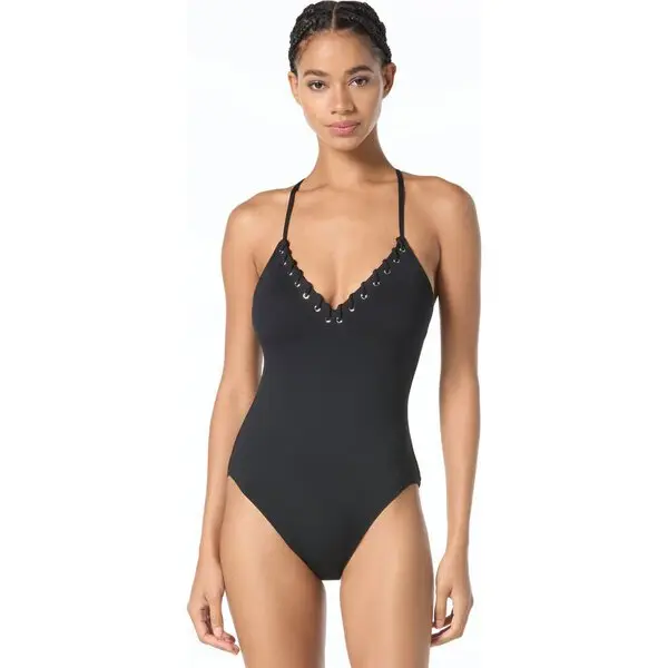 Michael Kors Laced Grommets Cross Back One-piece Swimsuit - Black
