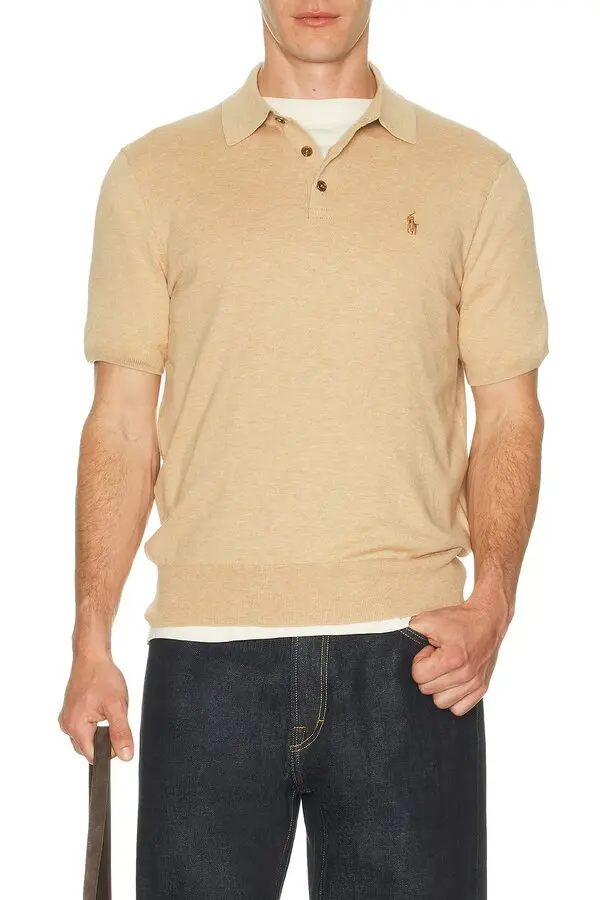 Polo Ralph Lauren Short Sleeve Cotton Placket Pullover Sweater - Camel Melange