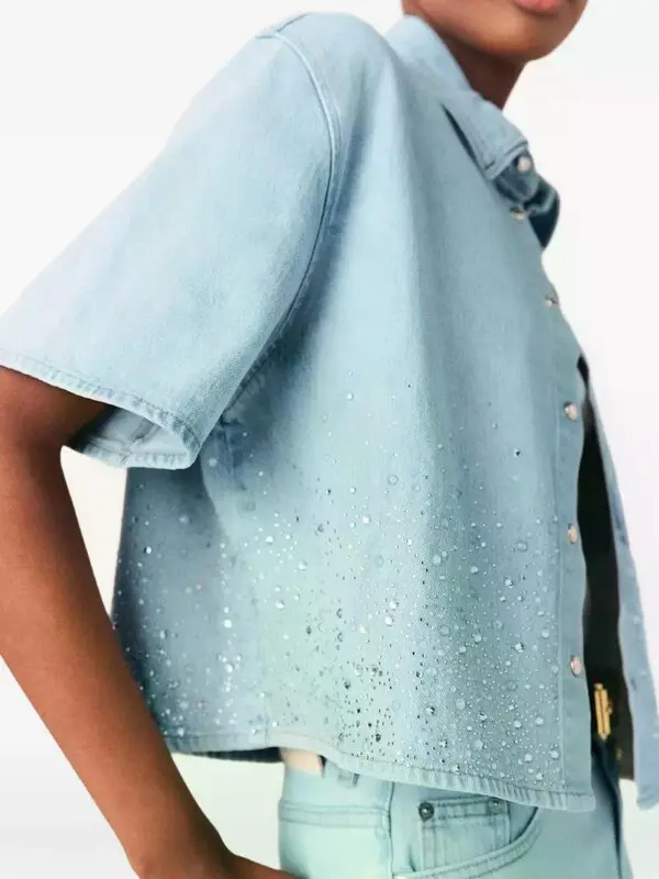 Maje Cropped Rhinestone Denim Shirt - Blue