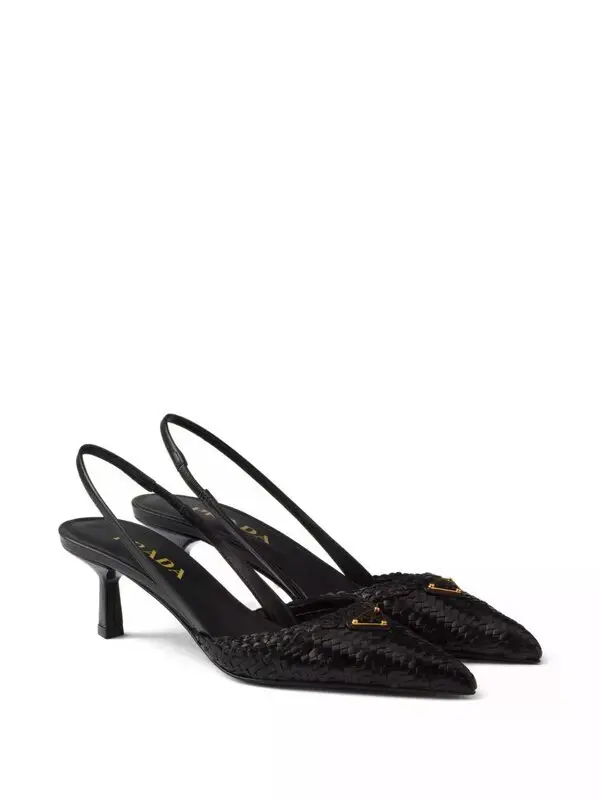 Prada Woven Leather Slingback Pumps With Enameled Logo - Black