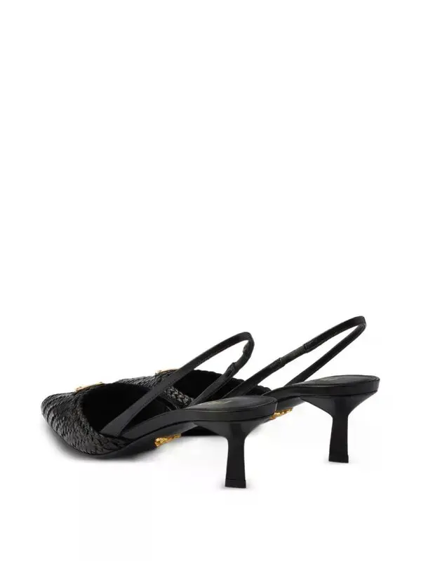 Prada Woven Leather Slingback Pumps With Enameled Logo - Black