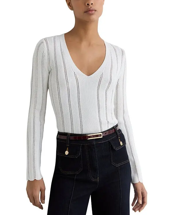 REISS V-neck Ribbed Knit Jumper With Scallop Edge - White