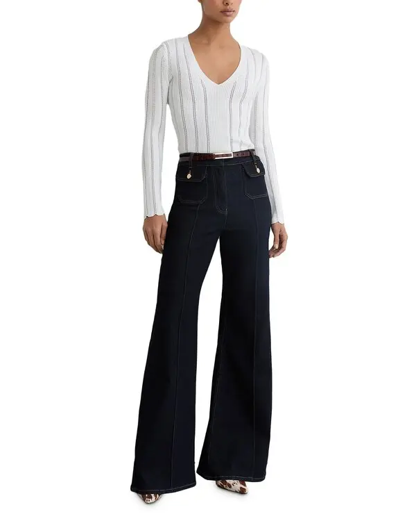 REISS V-neck Ribbed Knit Jumper With Scallop Edge - White