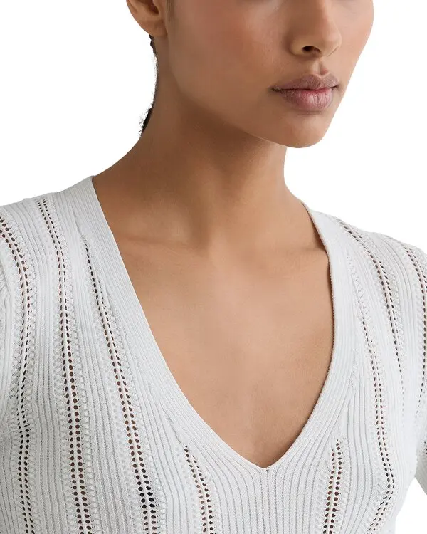 REISS V-neck Ribbed Knit Jumper With Scallop Edge - White