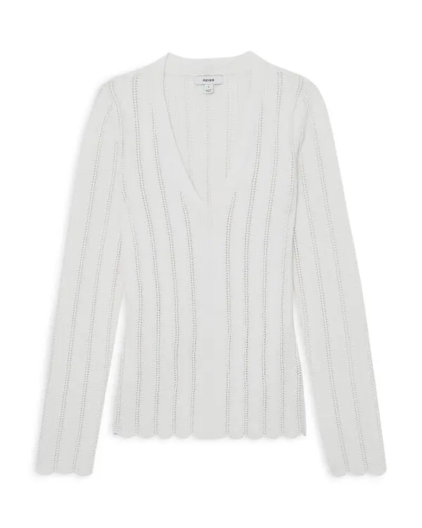 REISS V-neck Ribbed Knit Jumper With Scallop Edge - White