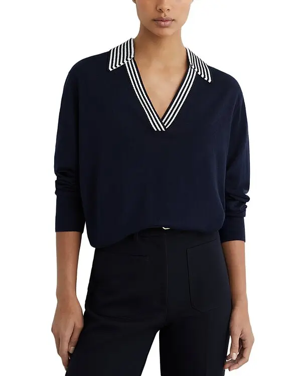 REISS Merino Wool V-neck Jumper - Navy/white
