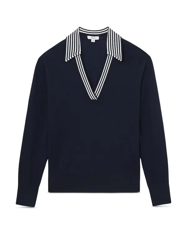 REISS Merino Wool V-neck Jumper - Navy/white