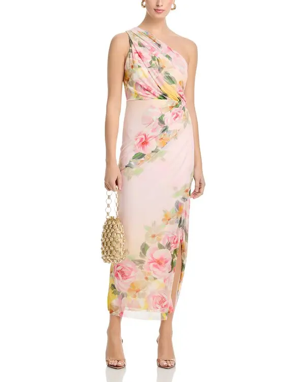 Aqua One-shoulder Floral Maxi Dress