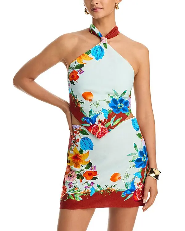 Aqua Floral Scarf Halter Top - Blue/brown