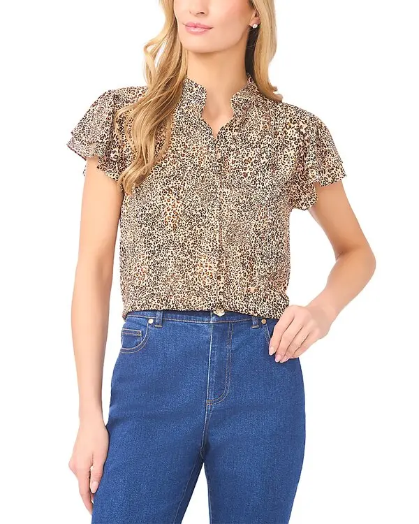 CECE DUPRAZ Flutter Sleeve Top With Leopard Print - Dune