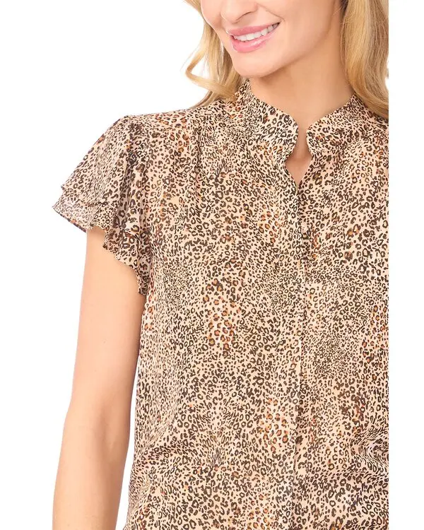 CECE DUPRAZ Flutter Sleeve Top With Leopard Print - Dune