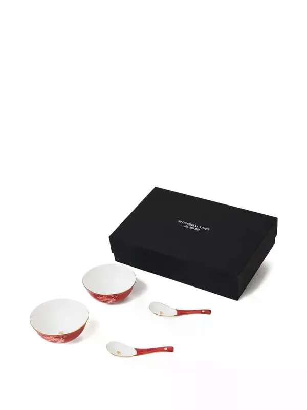 Shanghai Tang X Jacky Tsai Dragon Print Bone China Bowl & Spoon - Red