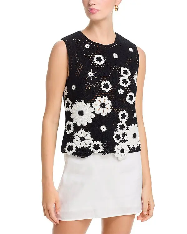 Aqua Floral Crochet Tank Top - Black/white