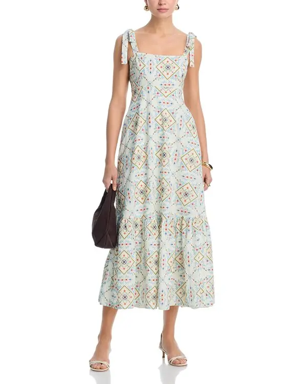 Aqua Tile Print Midi Dress With Tie Straps