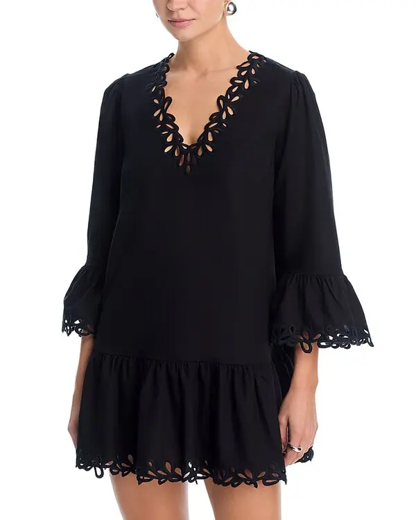 Aqua Eyelet V-neck Mini Shirt Dress