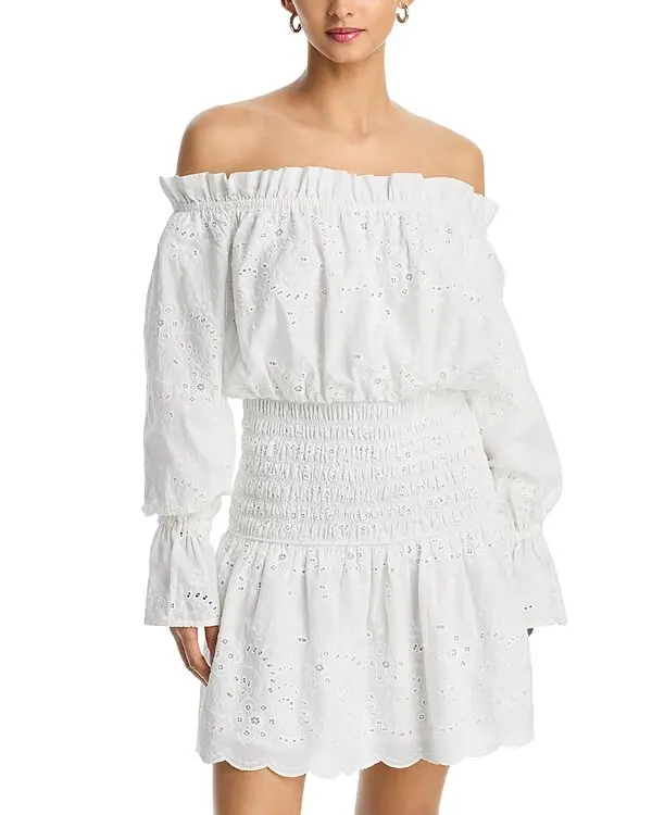 Aqua Embroidered Smocked Mini Dress - White