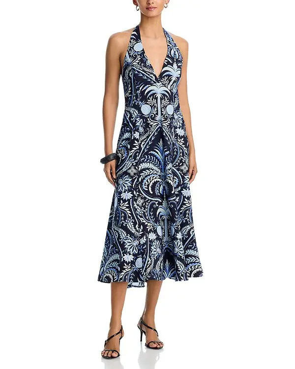 Aqua Pineapple Palm Poplin Halter Midi Dress - Navy Multi
