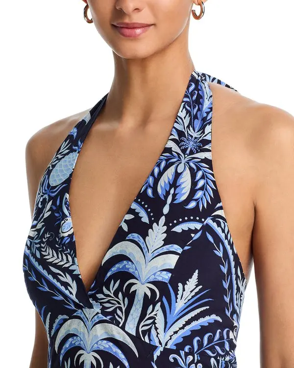 Aqua Pineapple Palm Poplin Halter Midi Dress