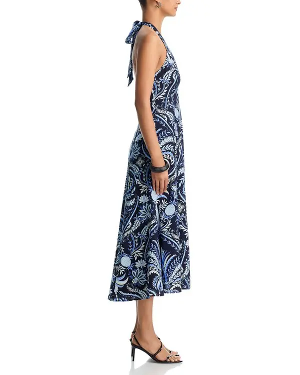 Aqua Pineapple Palm Poplin Halter Midi Dress