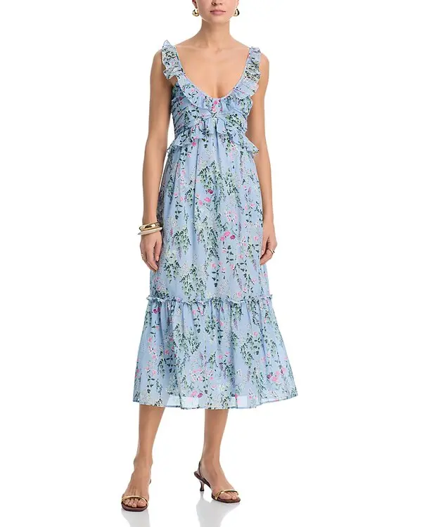 Aqua Floral Ruffle V-neck Midi Dress - Sky Blue Multi