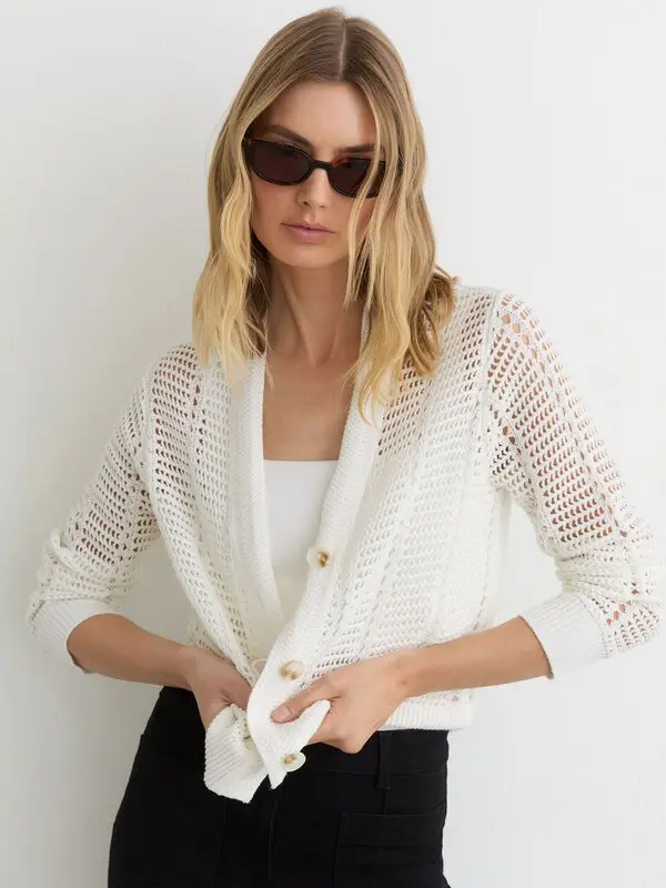 REISS Open-knit Button-through Cardigan