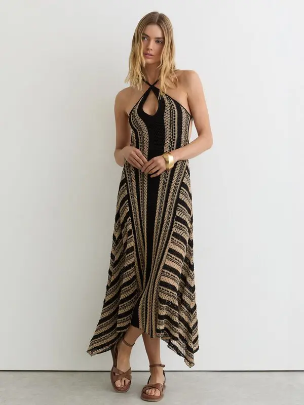REISS Annie Stripe Crochet-knit Tie-back Maxi Dress - Black/neutral