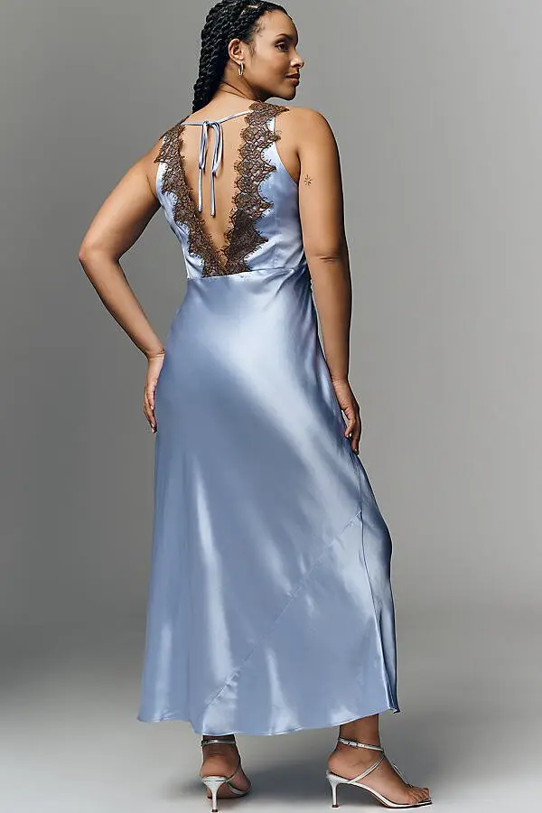 anthropologie blue silk dress Anthropologie Lacy Midi Slip Dress In Navy - 61% Off