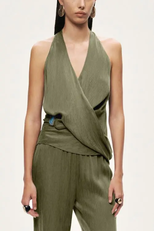 NOCTURNE Asymmetric Halter Wrap Top - Khaki