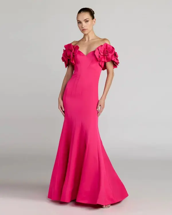 Mac Duggal Off-the-shoulder Gown With 3d Floral Sleeves - Pink
