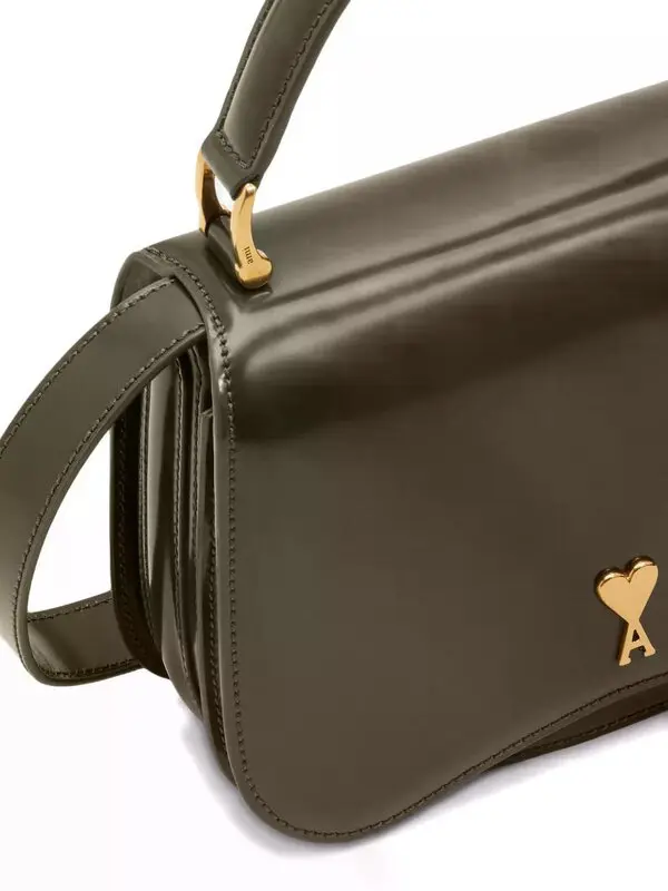 Ami Glazed Leather Shoulder Bag With Logo Detail - Green
