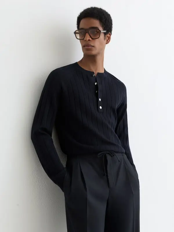 REISS Andres Wide-rib Knit Henley Jumper - Navy