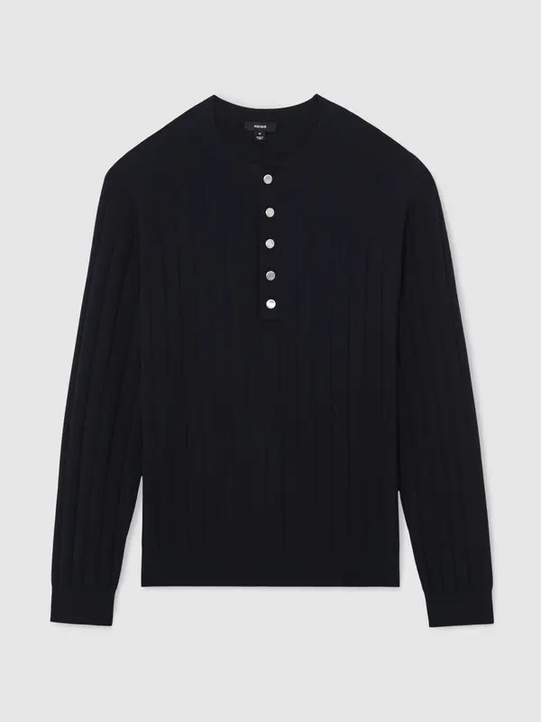 REISS Andres Wide-rib Knit Henley Jumper - Navy