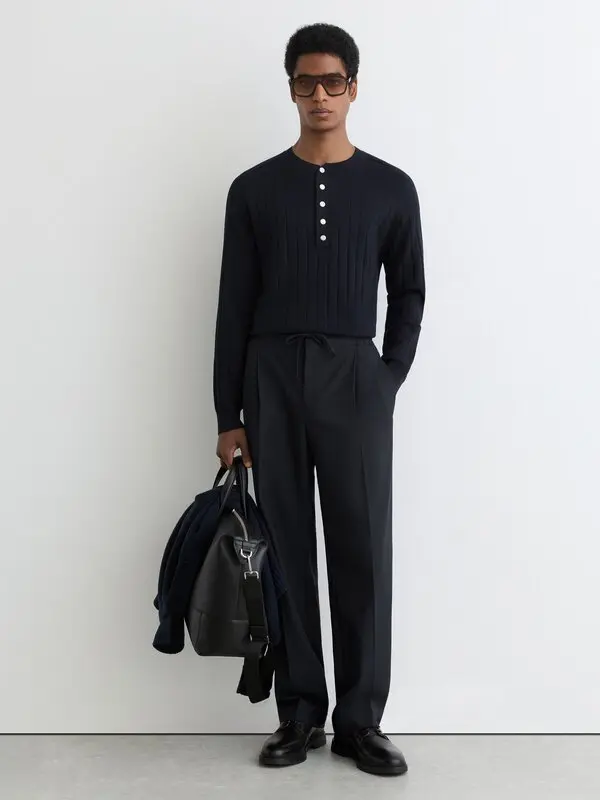 REISS Andres Wide-rib Knit Henley Jumper - Navy