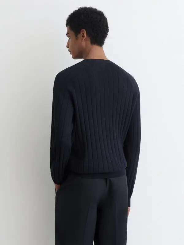 REISS Andres Wide-rib Knit Henley Jumper - Navy