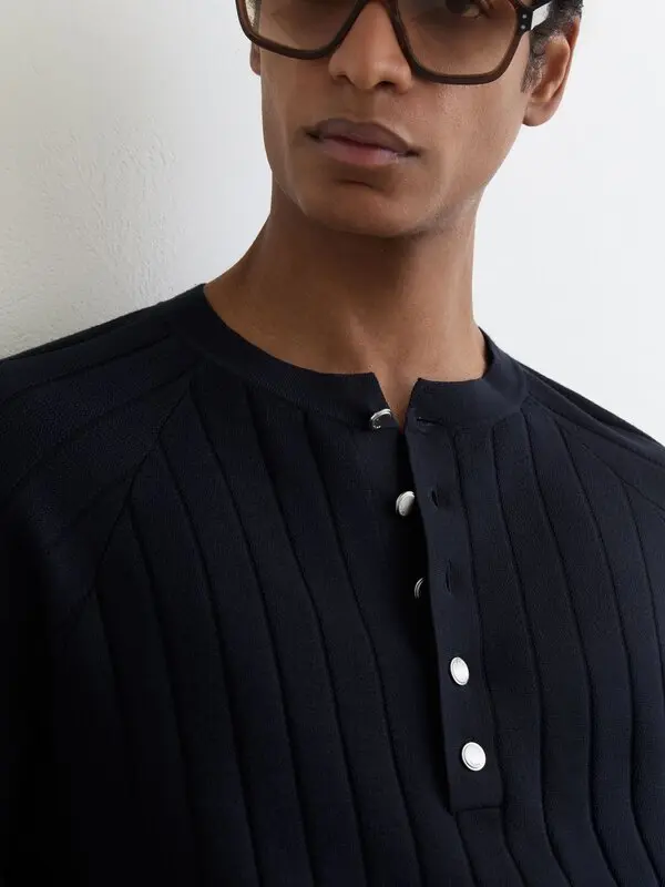 REISS Andres Wide-rib Knit Henley Jumper - Navy