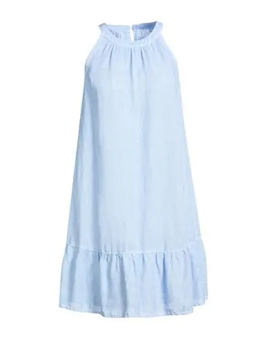 120% Lino Linen Halterneck Mini Dress With Embellished Crewneck - Blue