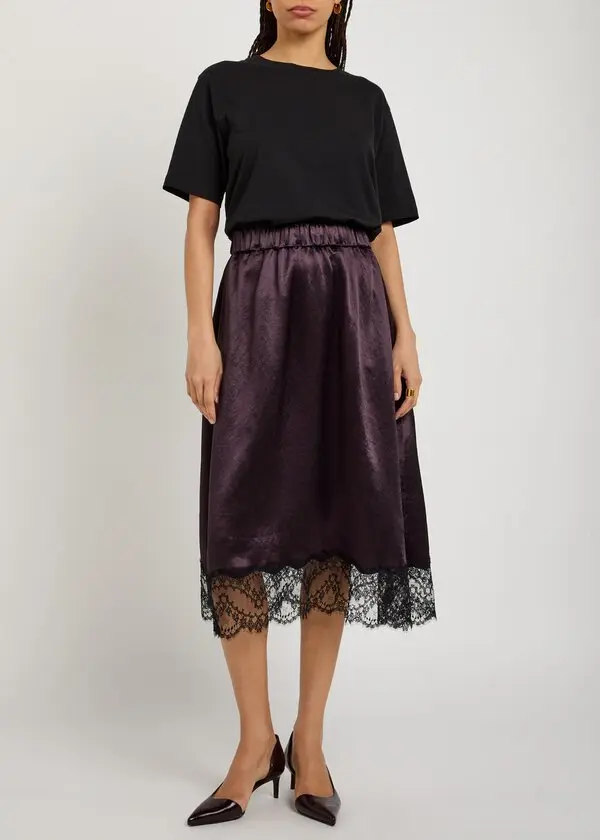 Maria Mcmanus Lace-trim Satin Midi Skirt - Plum
