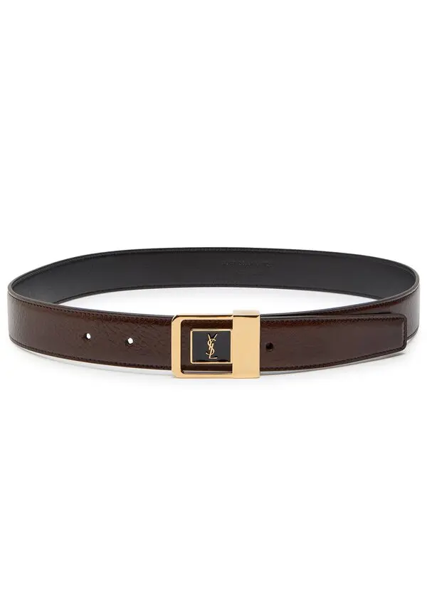 Saint Laurent Logo-engraved Grained Leather Belt - Chocolate