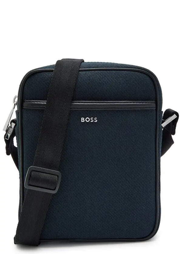 BOSS Leather-trim Canvas Cross-body Bag - Navy
