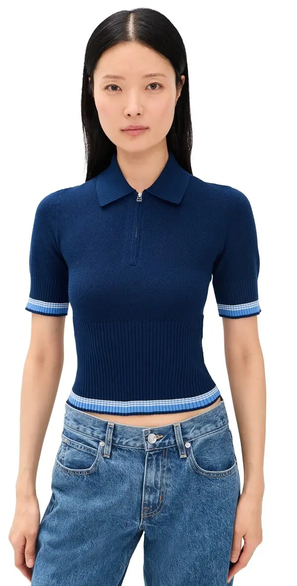 Guest In Residence The Marcella" Knit Polo With Striped Trim - Navy