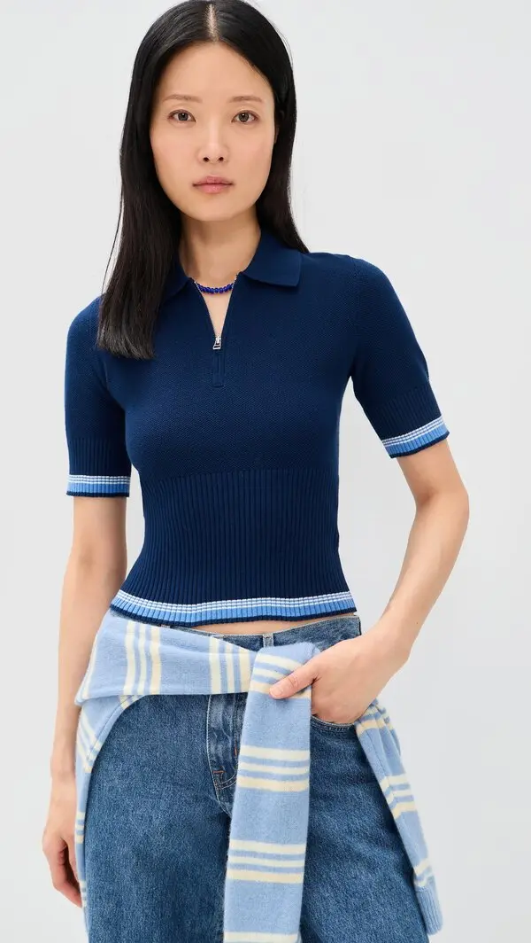 Guest In Residence The Marcella" Knit Polo With Striped Trim - Navy