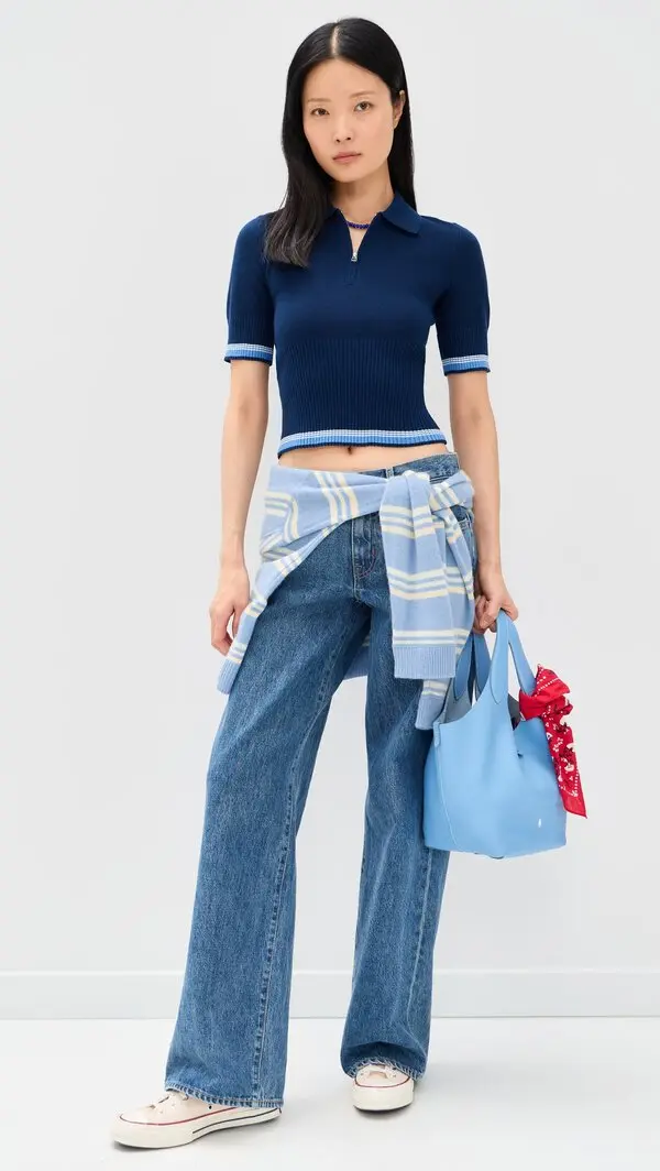 Guest In Residence The Marcella" Knit Polo With Striped Trim - Navy