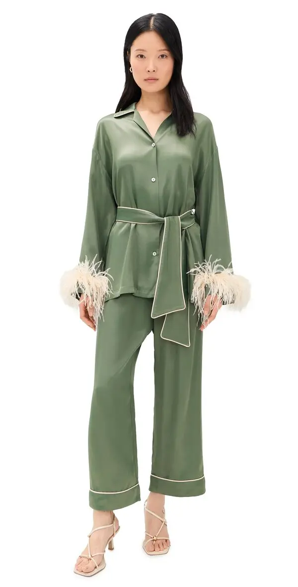 Sleeper Miss Cat Belted Pajama Set With Detachable Feathers - Green