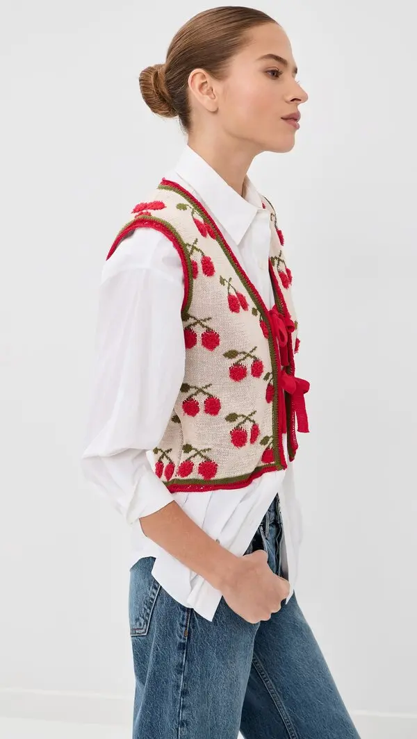 La DoubleJ Cherry Gilet - Multicolor Ecru/green/red