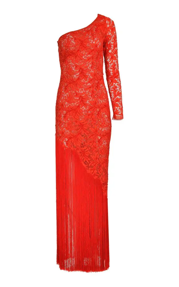 FRANCESCA MIRANDA One-shoulder Lace Maxi Dress With Fringe
