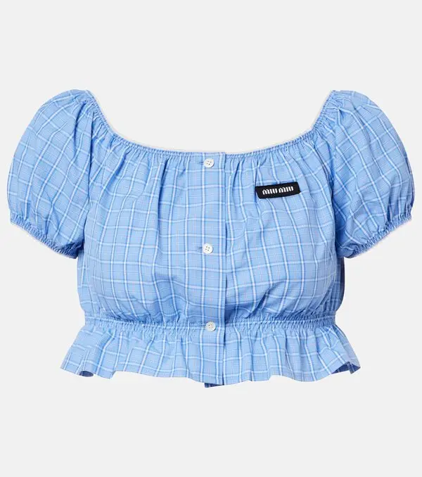 Miu Miu Checked Cotton Poplin Crop Top - Blue