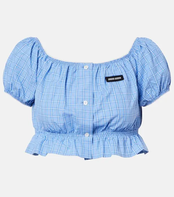 Miu Miu Checked Cotton Poplin Crop Top - Blue