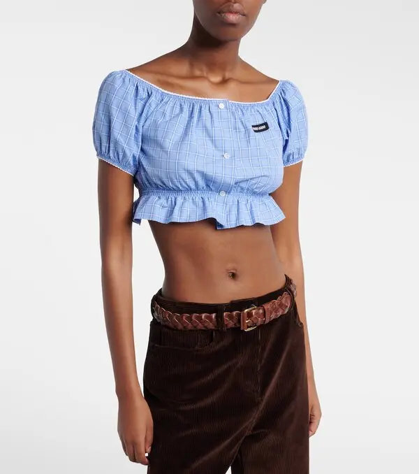 Miu Miu Checked Cotton Poplin Crop Top - Blue